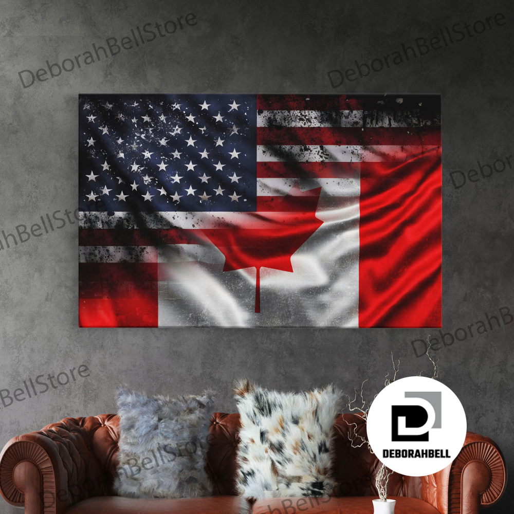 Framed Canvas Ready To Hang, American And Canadian Flag Mash - Inspire ...