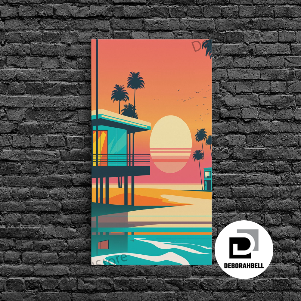 Framed Canvas Ready To Hang, Art Deco Sunset Beach Canvas Pr | Inspire ...