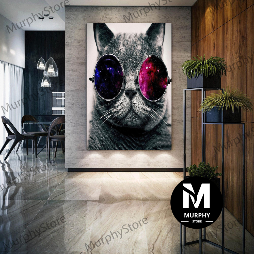 Cool Cat Wall Art, Space Glasses Canvas Art, Modern Room Wal | Inspire ...