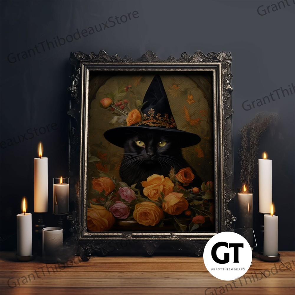 Cute Witch's Familiar Cat Halloween Art, Cat Witch, Cat Pain - Inspire ...