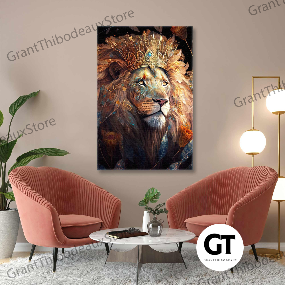 Lion Wall Art, King Canvas Art, Gold Crown Wall Decor, Roll | Inspire ...