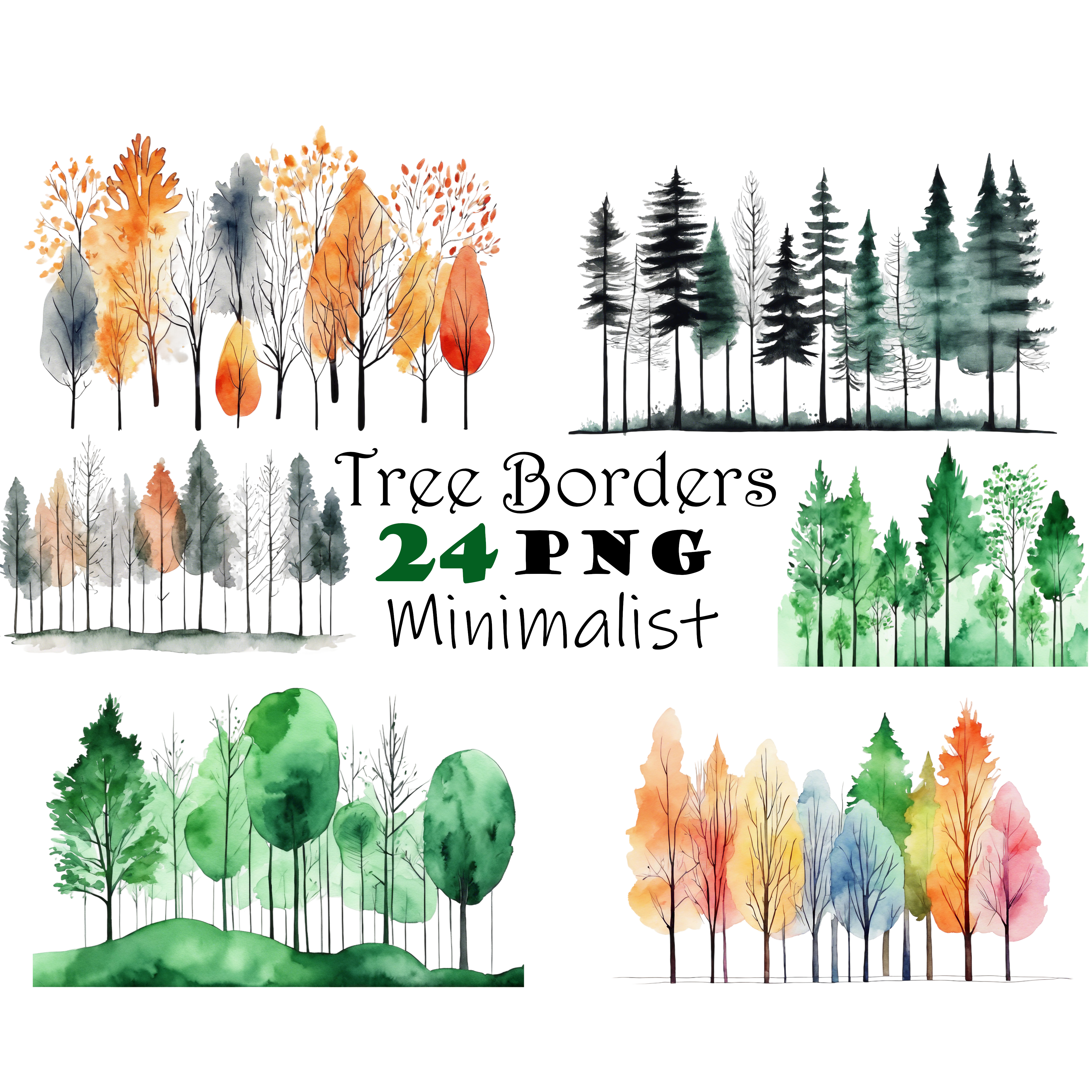 Minimalist Watercolor Tree Borders Clipart PNG Forest Trees | Inspire ...