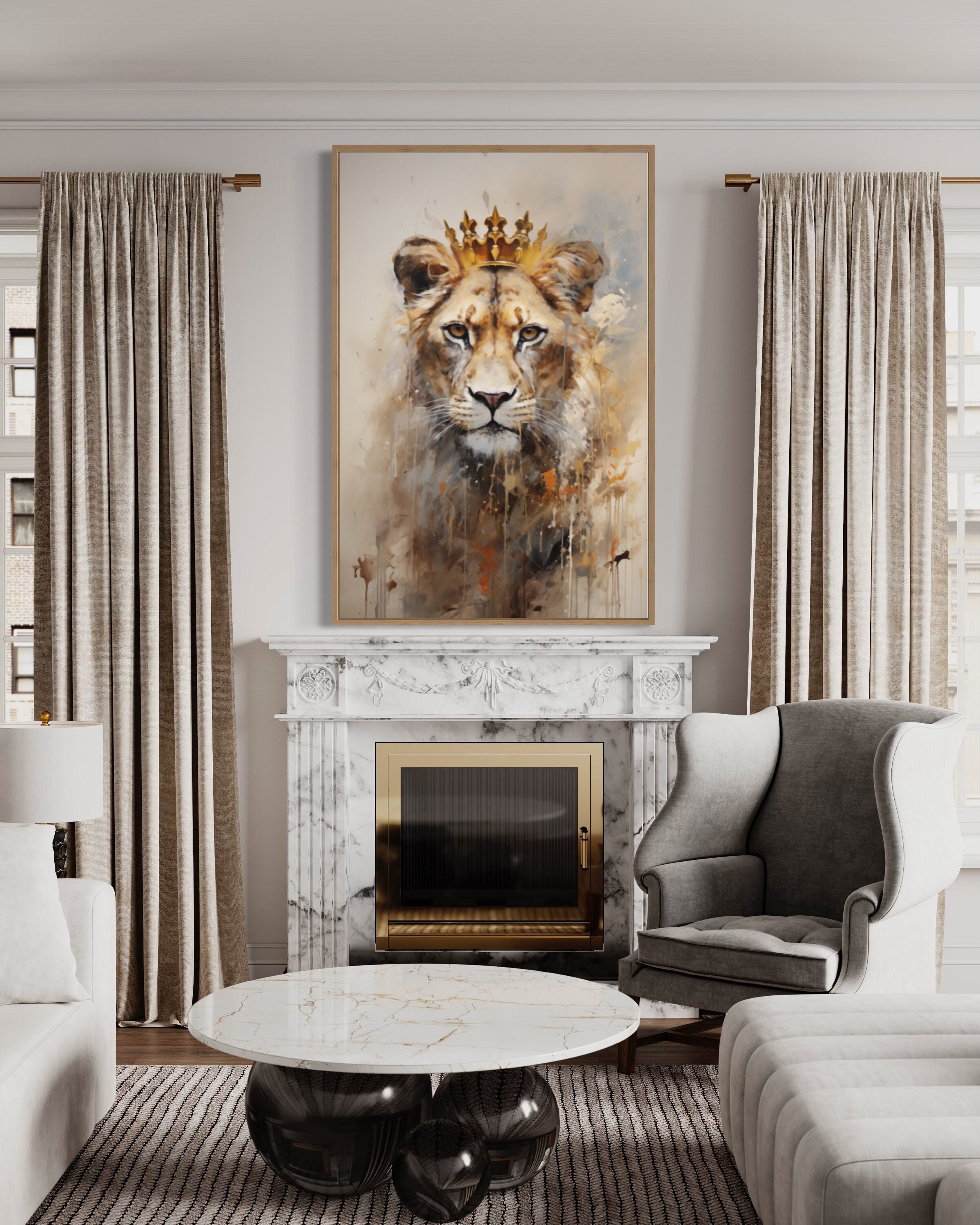 Lioness Queen With Crown Wall Art, Beige Gold Lioness Abstra | Inspire ...