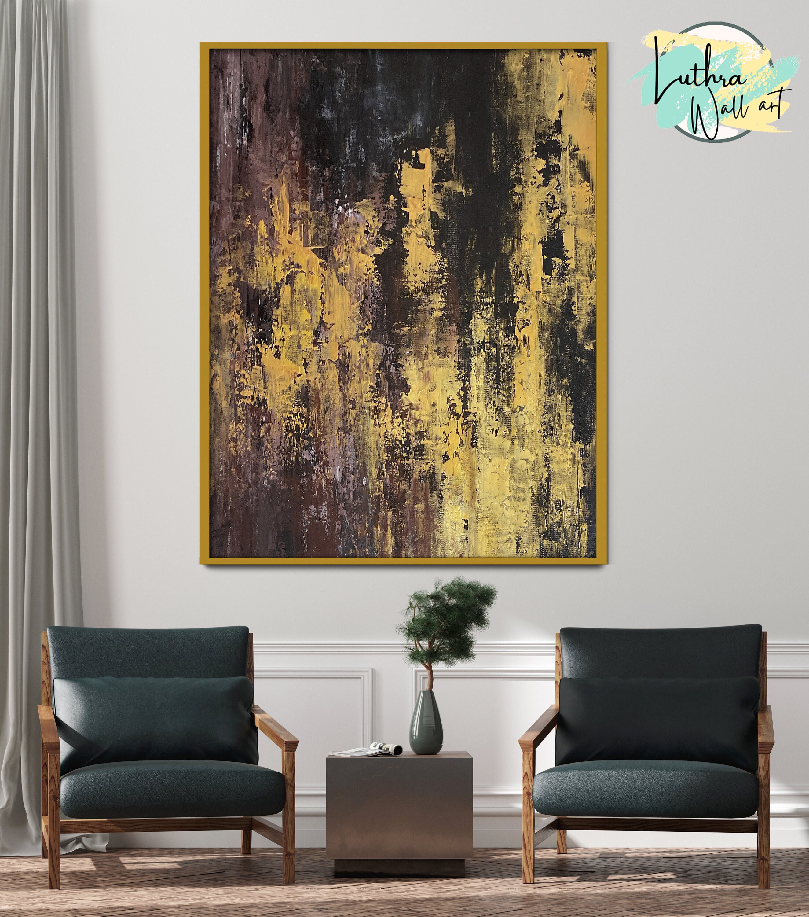 Abstract Painting With Gold Black Art Canvas Wall Art Framed | Inspire ...