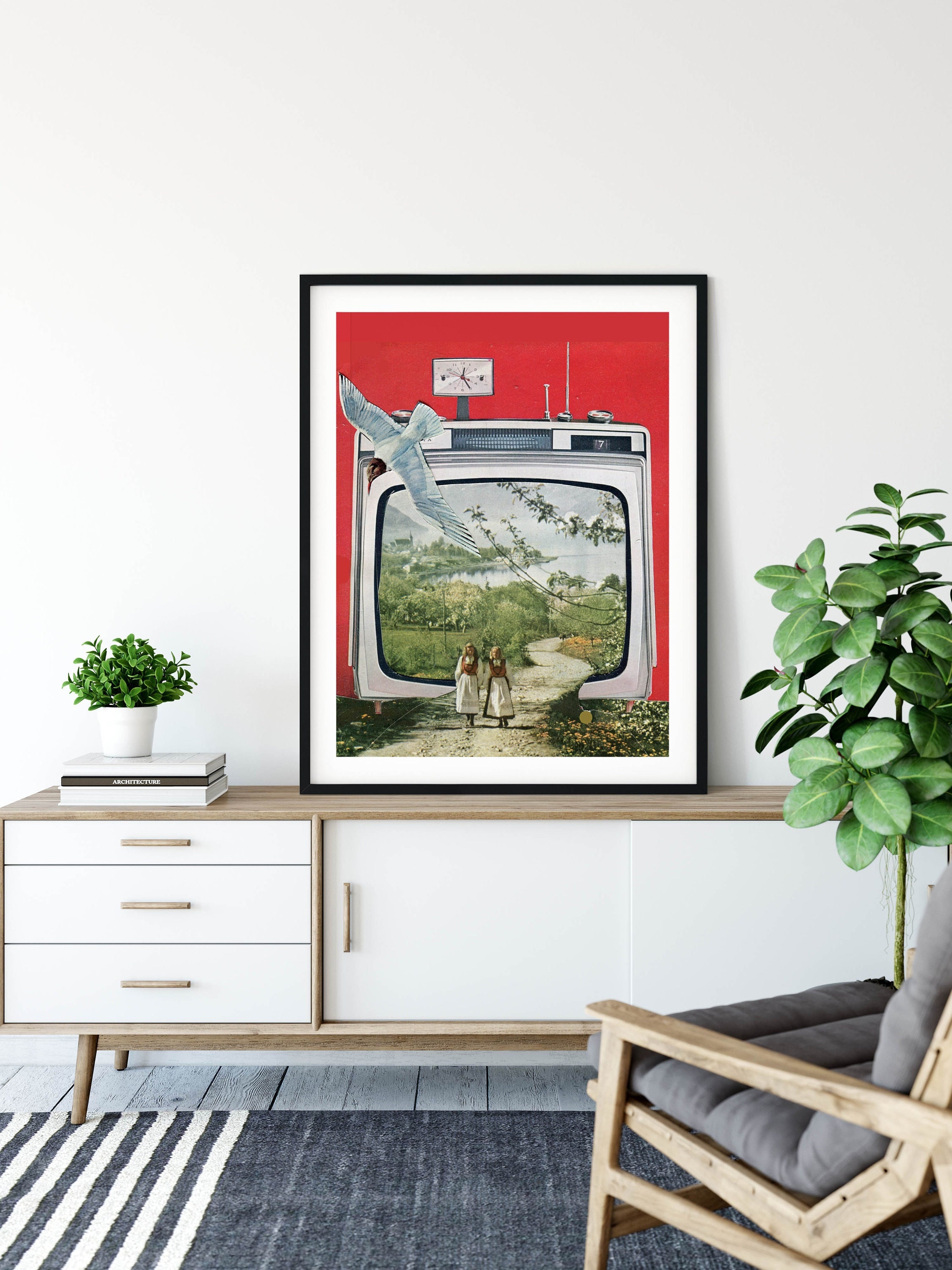 Red print, Red tv poster, Collage art, Large wall poster, Re | Inspire ...
