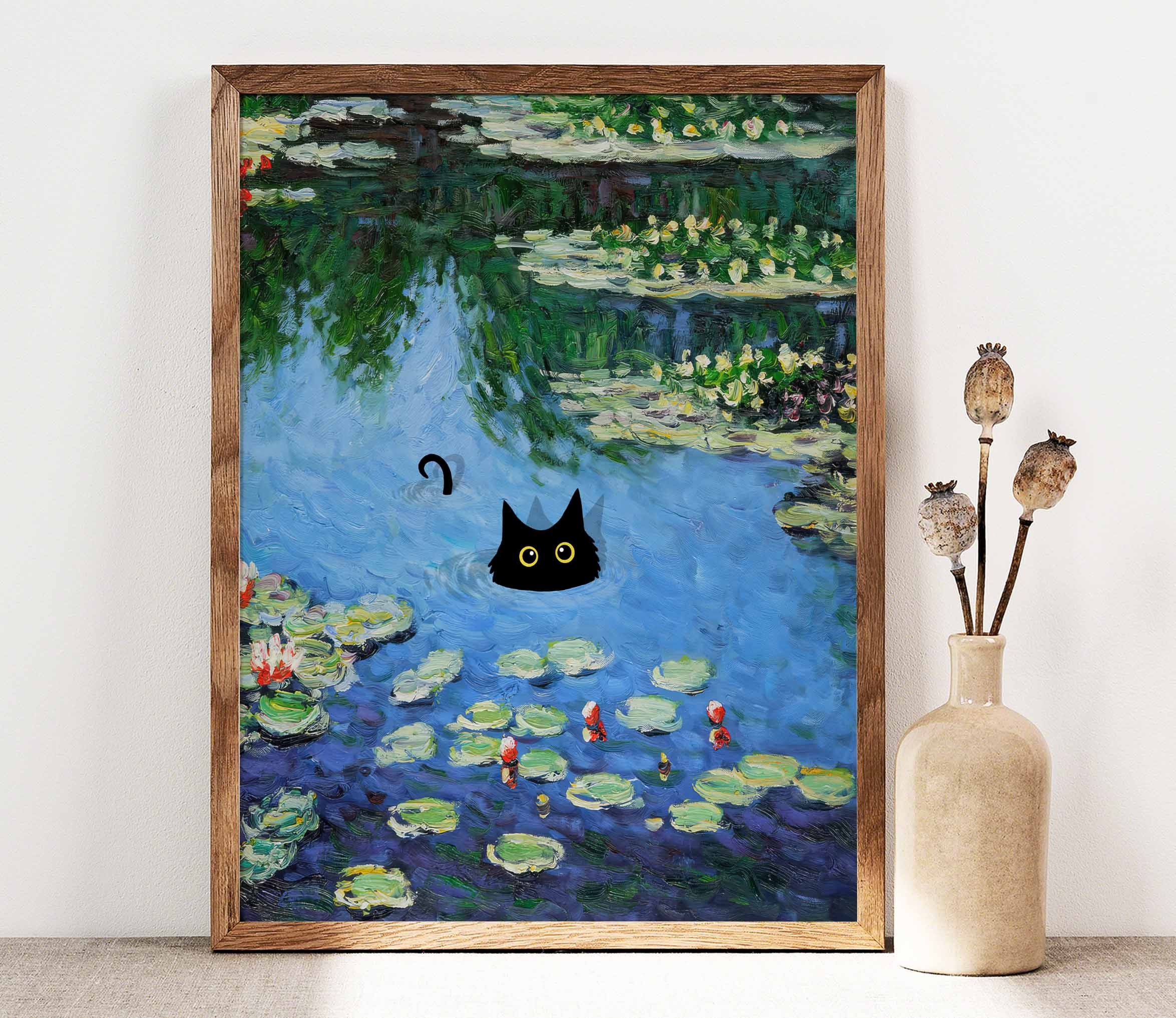 Black Cat Poster, Monet Waterlily Cat Print, Claude Monet Ca | Inspire ...