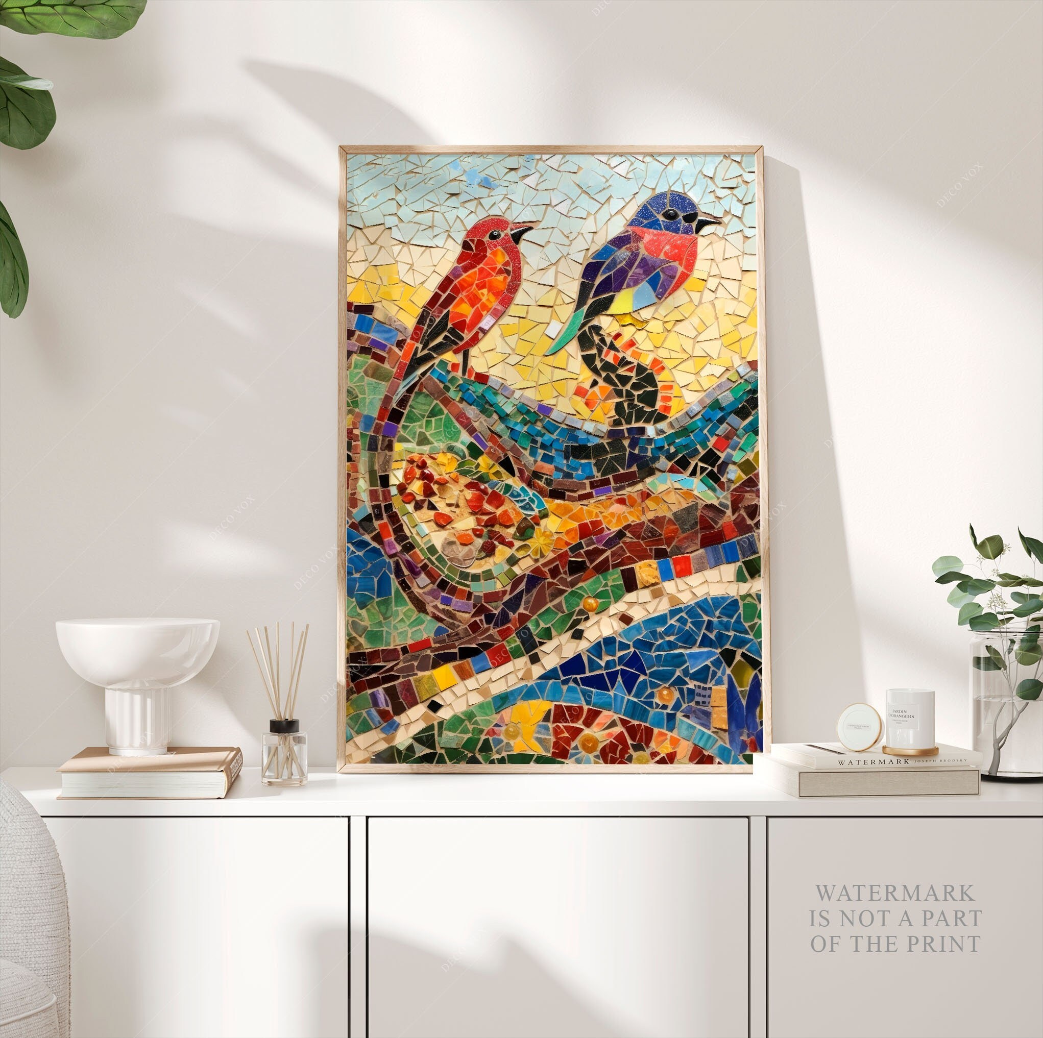 Antoni Gaudi Mosaic Poster, Colorful Birds Print, Sparrow Ab | Inspire ...