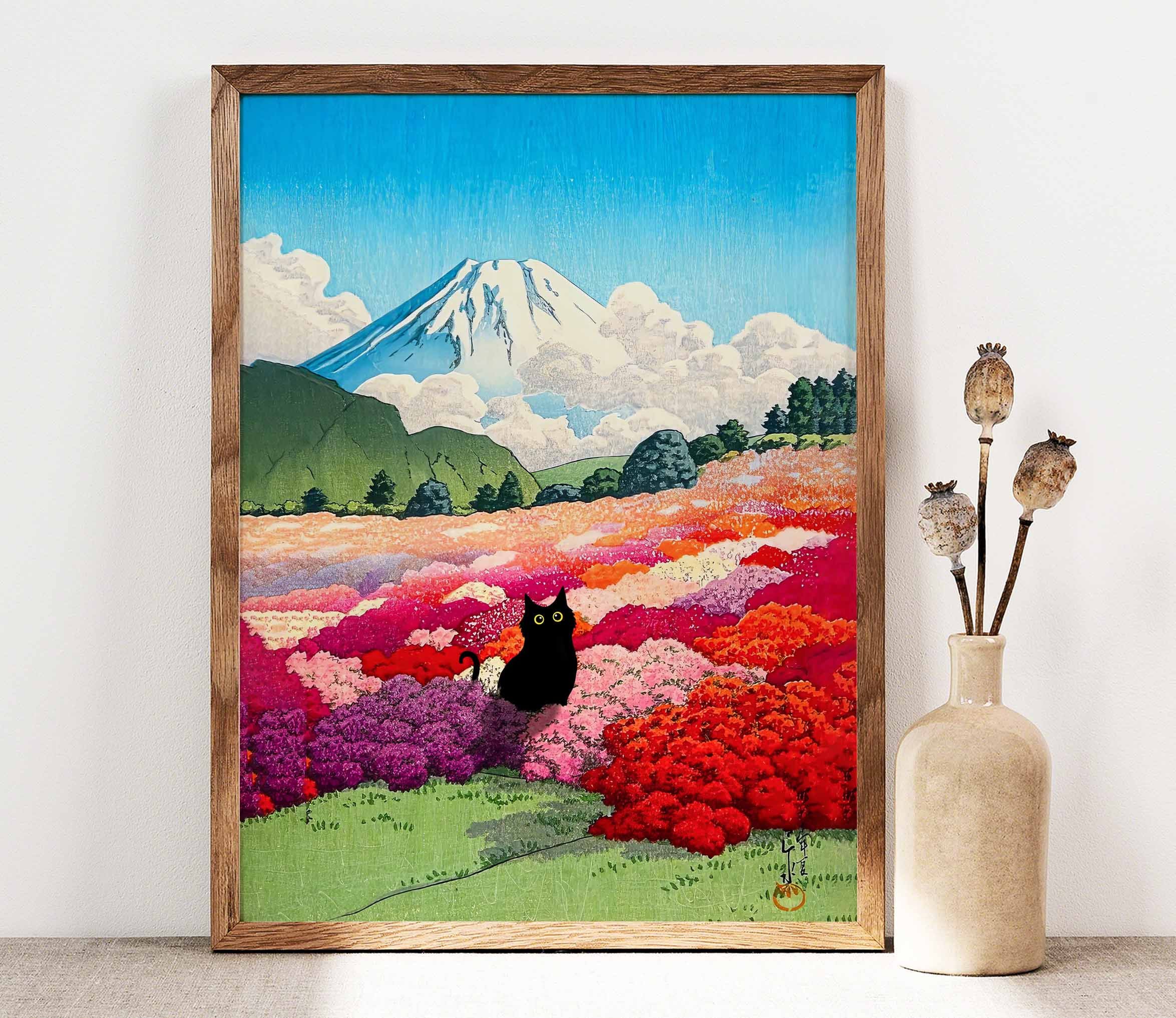 Black Cat Mount Fuji from an Azalea Garden Poster, Landscape - Inspire ...