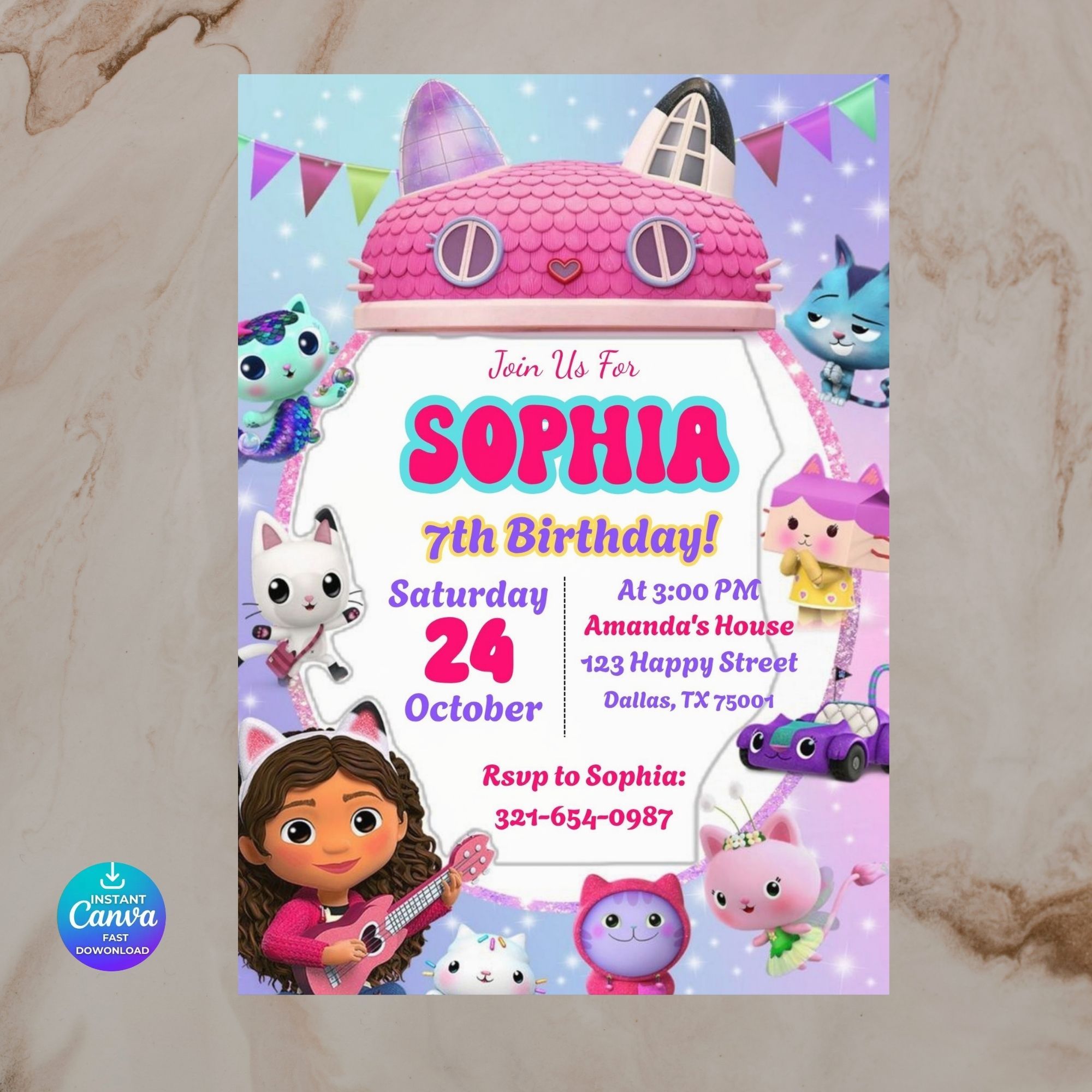 Editable Gabby's Dollhouse Invite Kids Birthday, Dollhouse B | Inspire ...