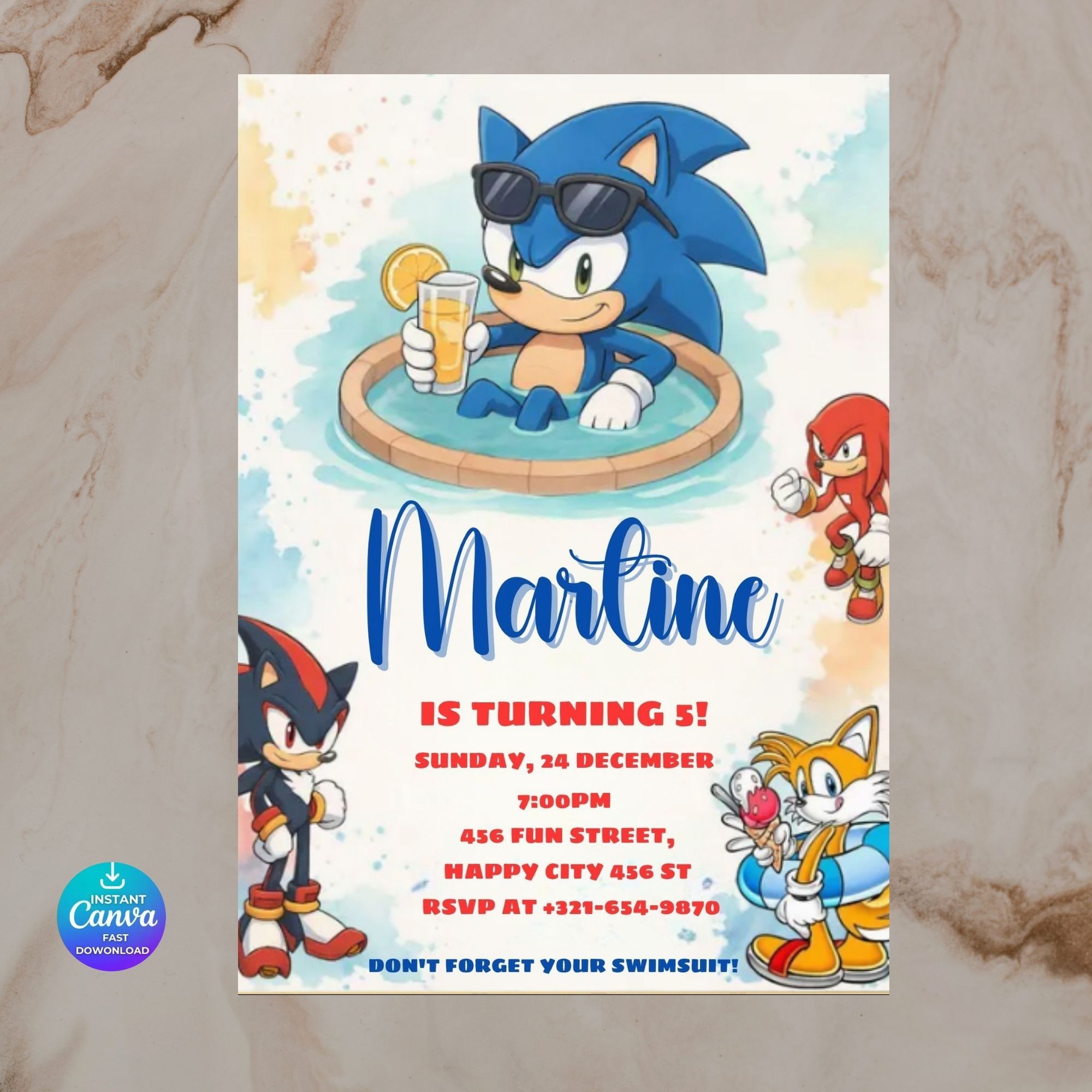 Sonic Pool Party Birthday Invitation, Editable Sonic Canva T | Inspire ...