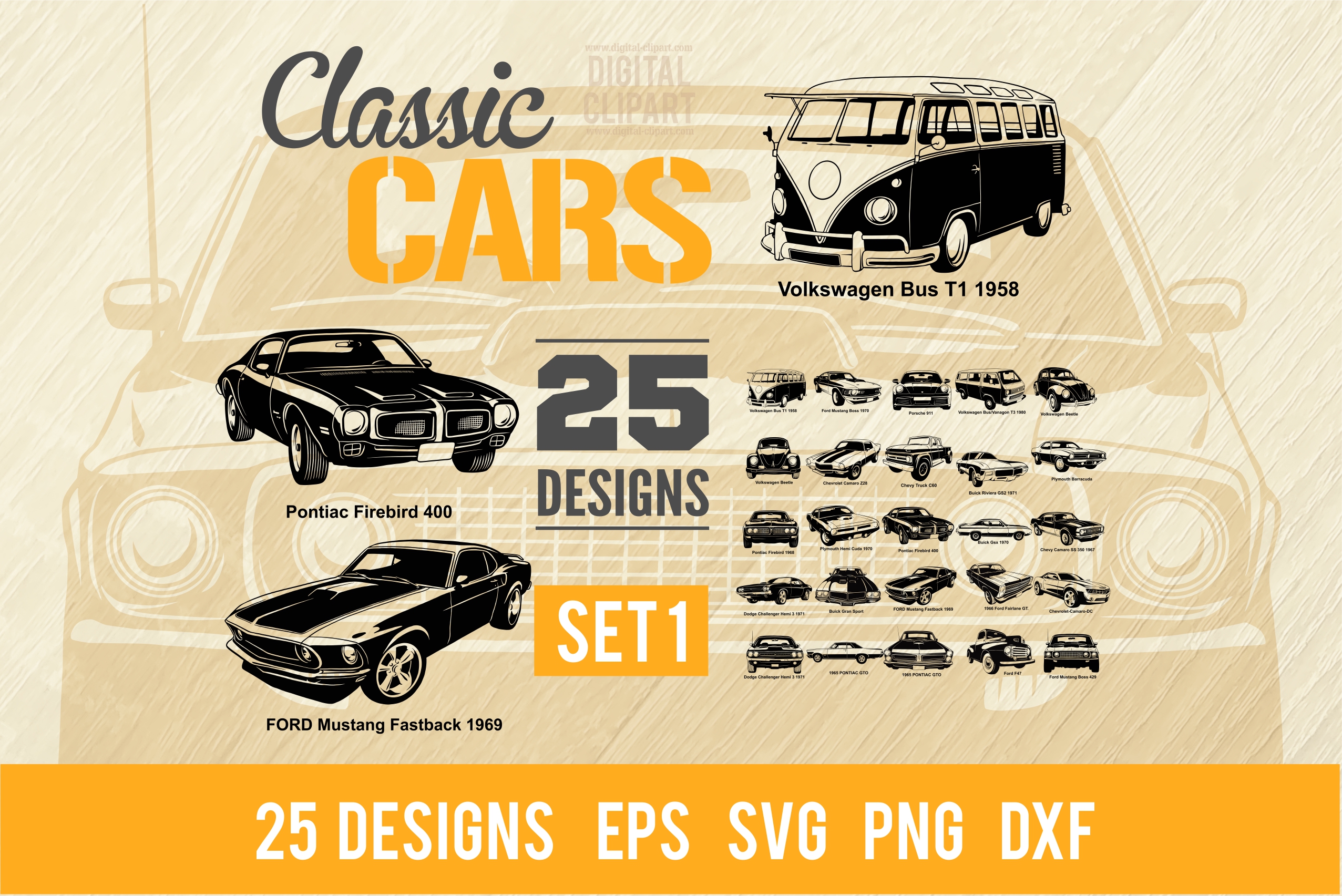 Classic Cars Pack 25 SVG Vector Clipart | Muscle Cars Cut Re | Inspire ...