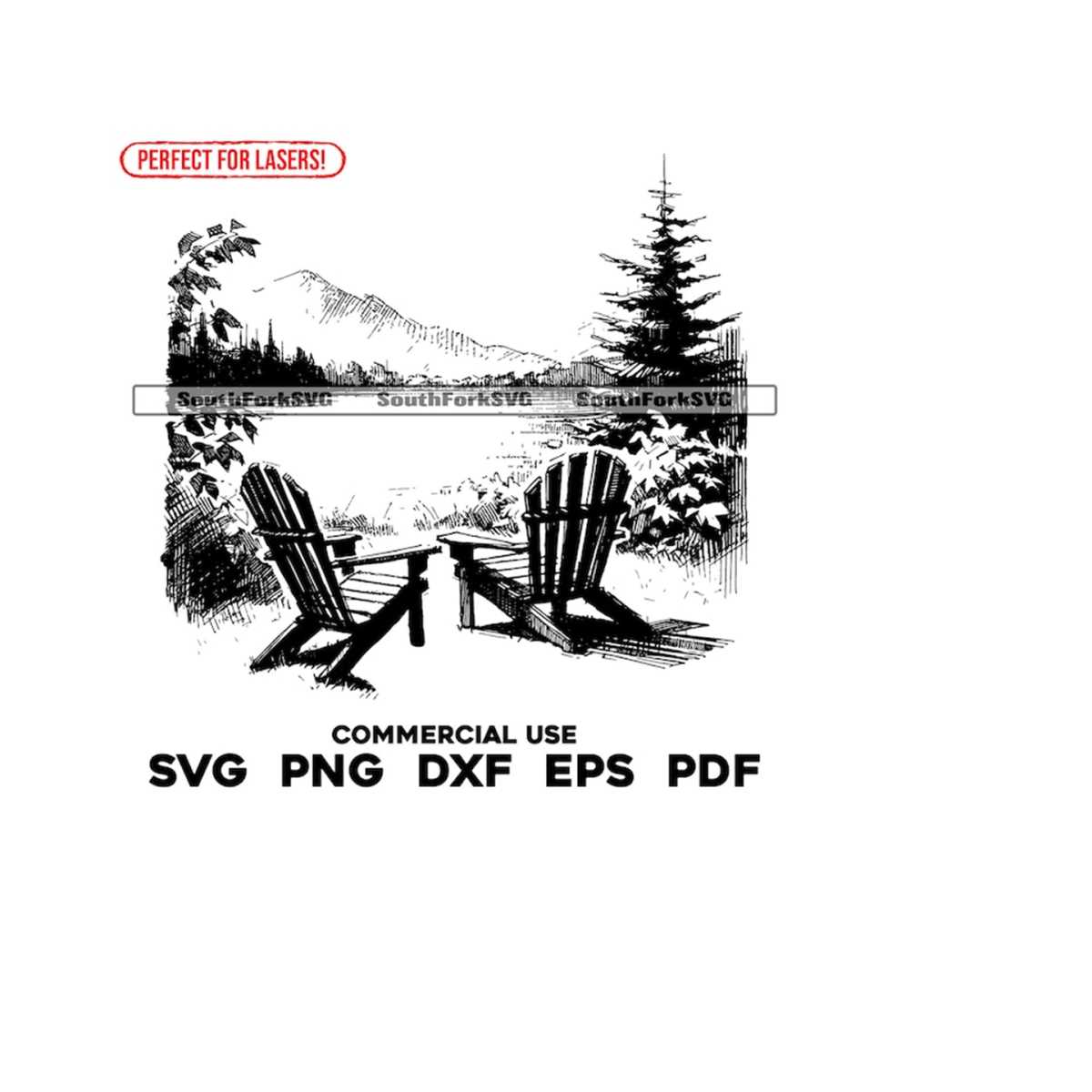 Laser Engrave File Lake Adirondack Chairs Scene svg png dxf | Inspire ...