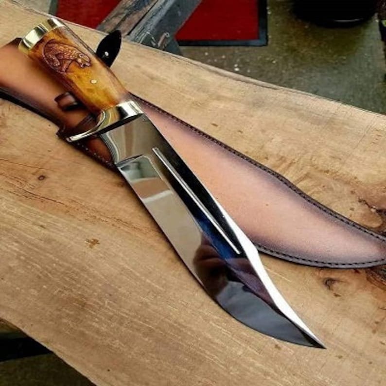 steel Bowie knife with engraved bone handle with Leather she | Inspire ...