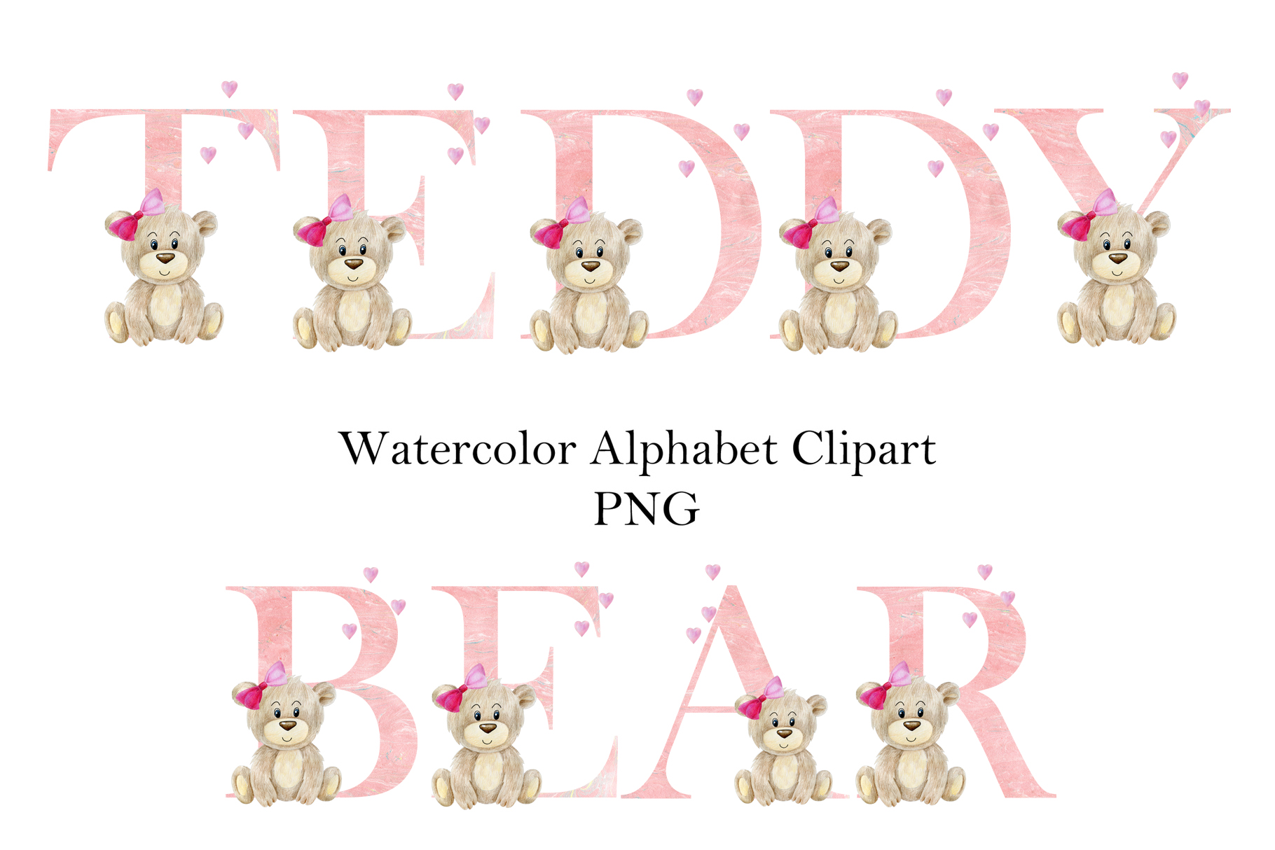 Watercolor teddy bear, letters, baby girl alphabet, birthday | Inspire ...