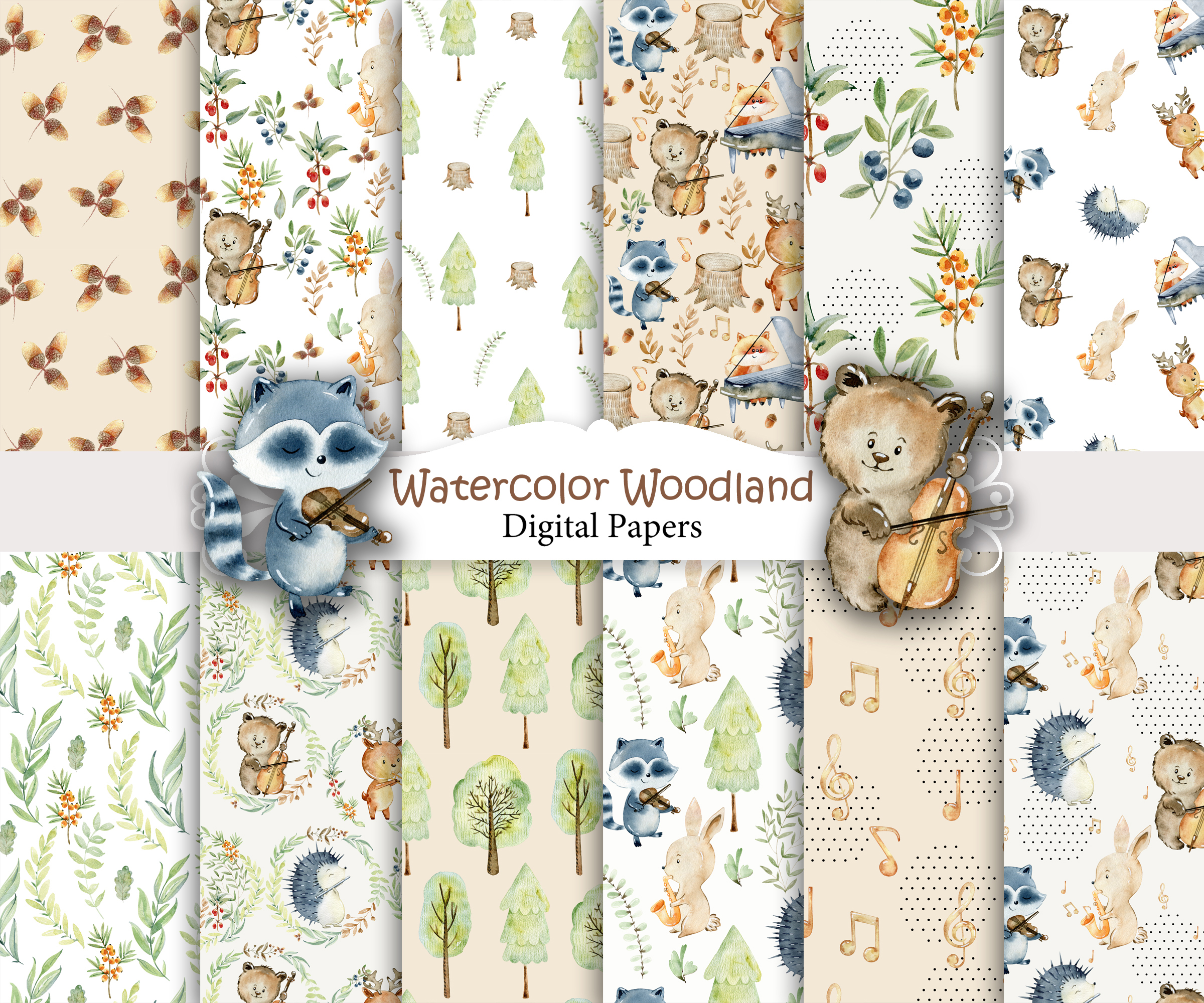 Woodland animals papers, fabric seamless patterns, music. | Inspire Uplift