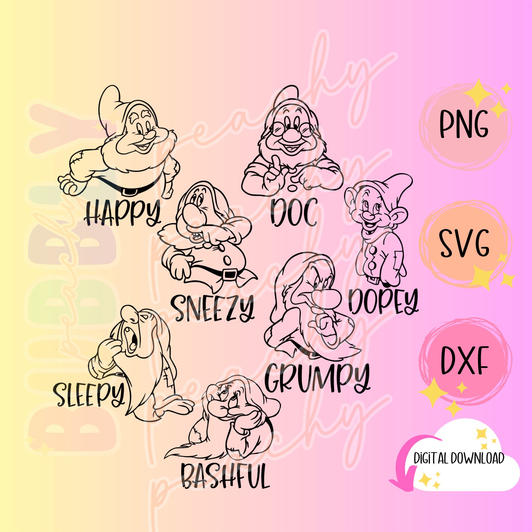 7 Dwarfs Outlines, Bundle Art SVG - PNG, Digital File | Inspire Uplift