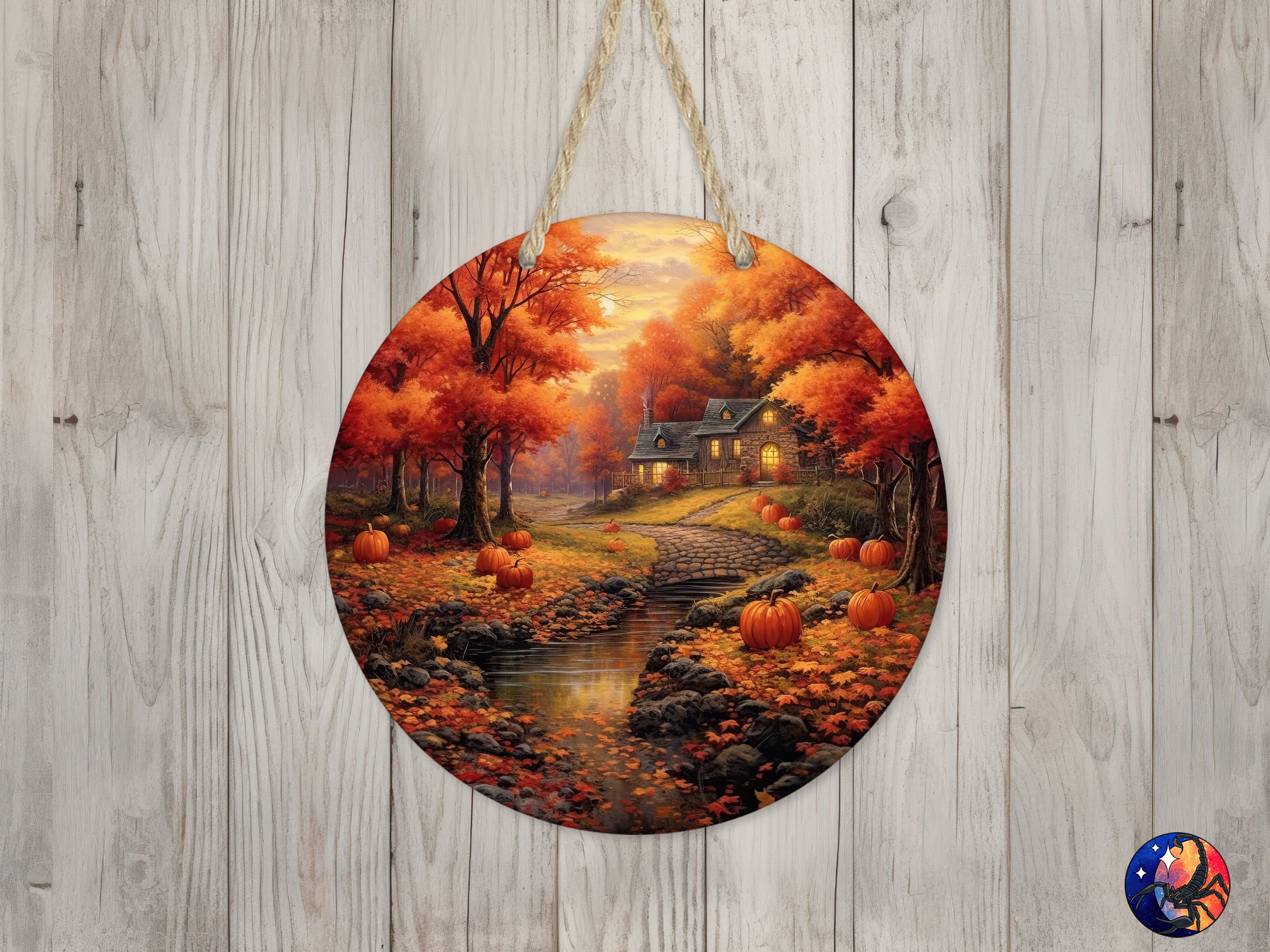 Cottage Fall Landscape Sign Round Door Hanger Design, Fall | Inspire Uplift