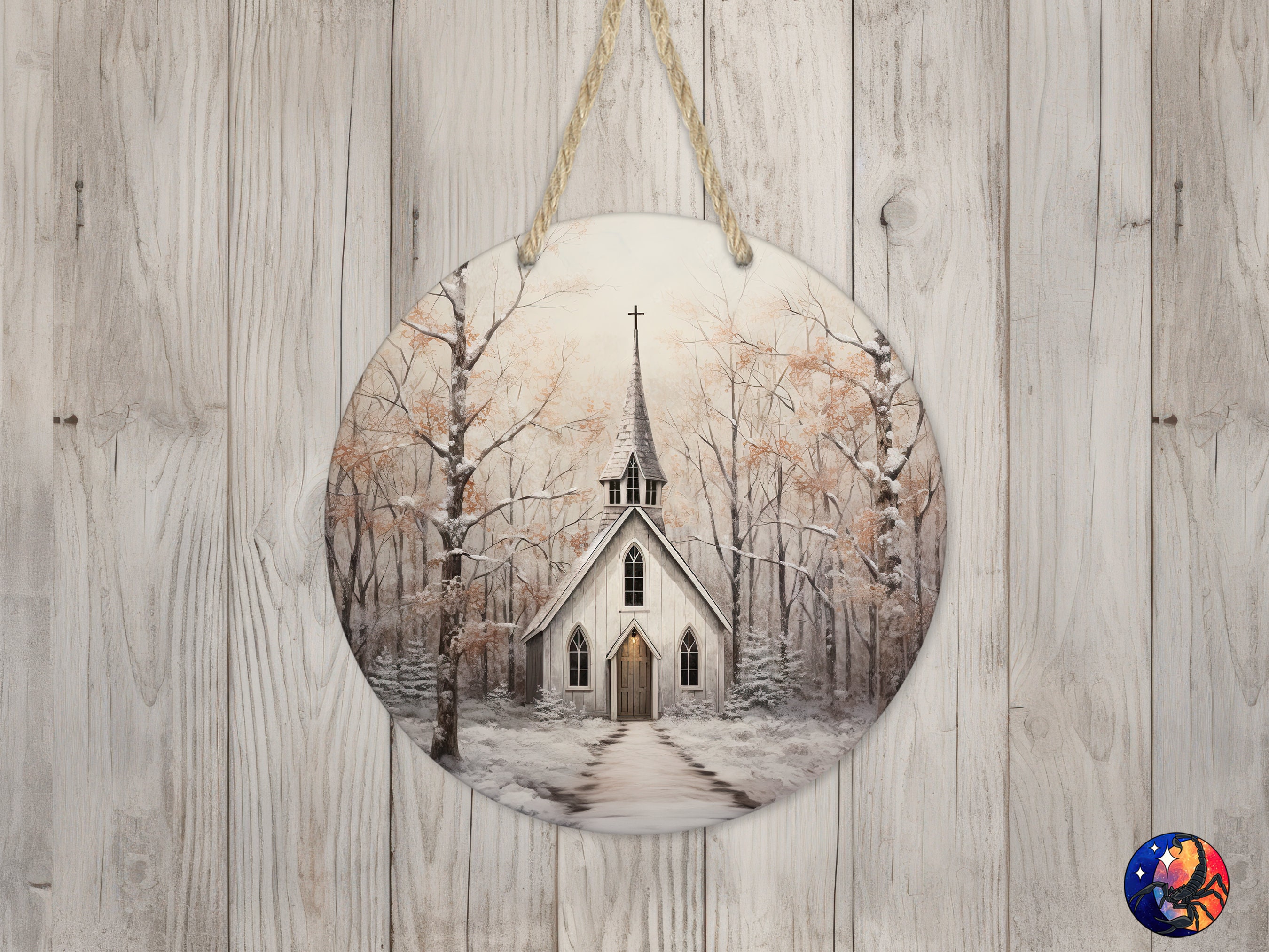 Rustic Church Winter Landscape Sign Round Door Hanger Desig | Inspire ...