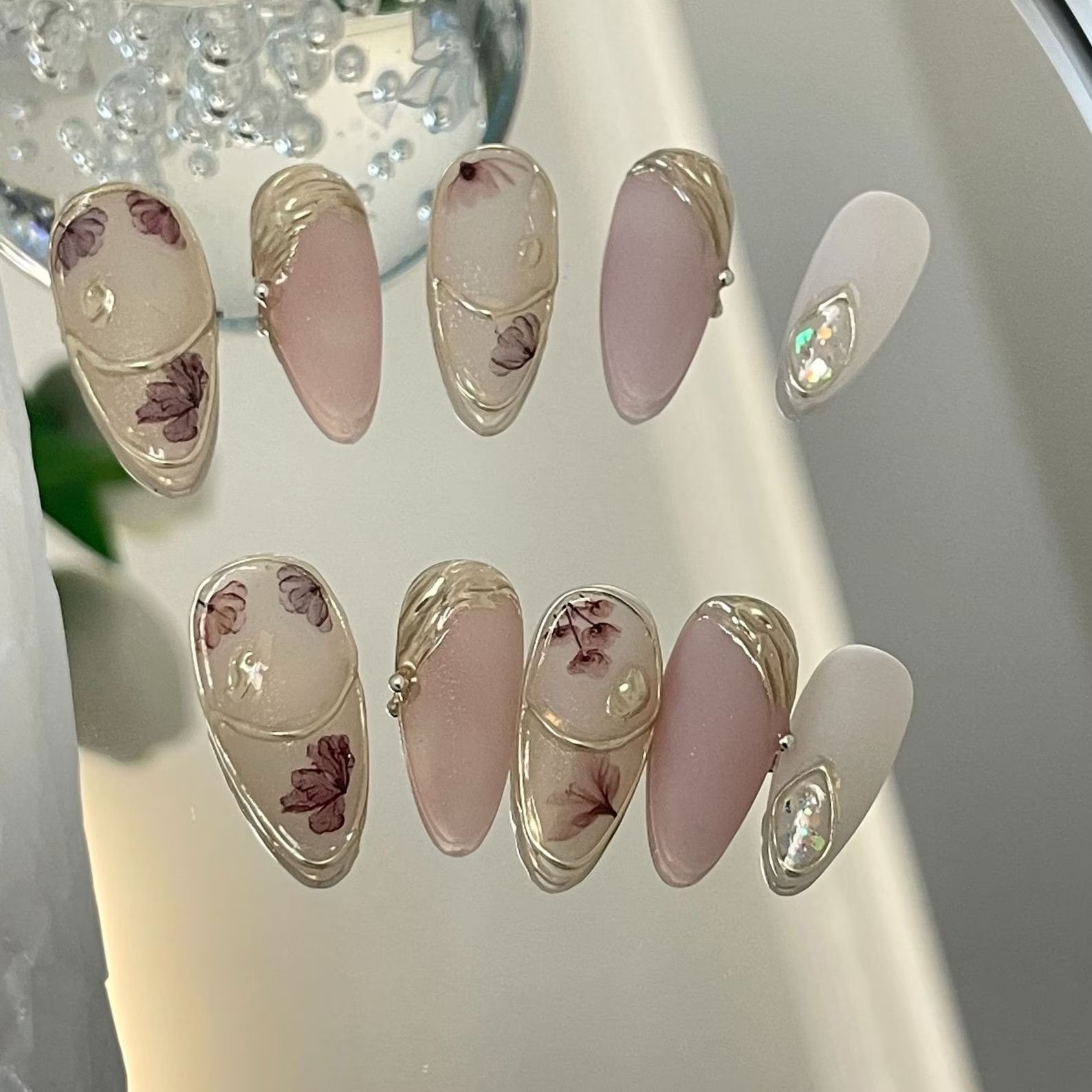 Frosted Powder 3D Gel Shell Press On Nails/Floral Short Almo | Inspire ...