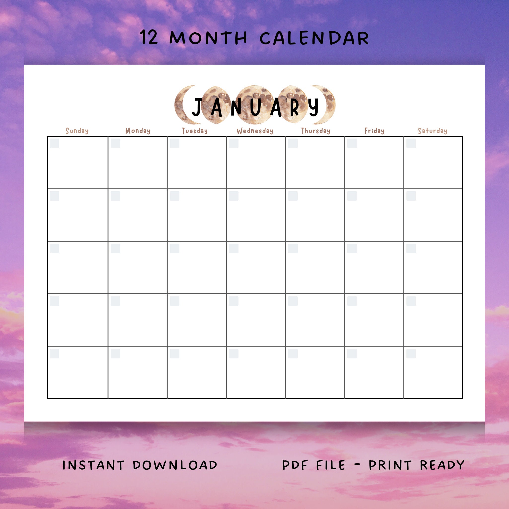 Moon Phase , 12 Month Calendar , PDF , Digital File , Print | Inspire ...
