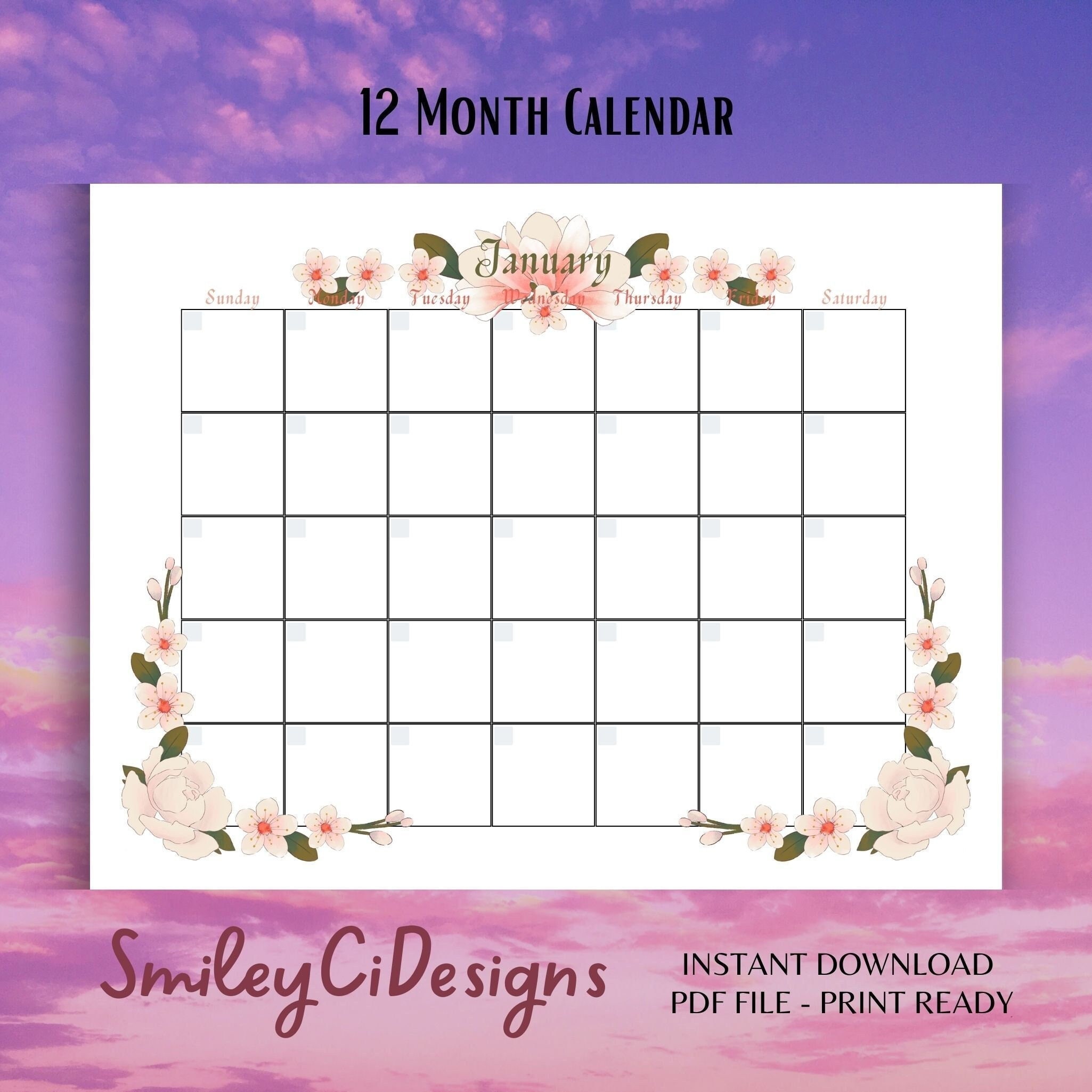 Peonies , Flowers , 12 Month Calendar , PDF , Digital File , | Inspire ...