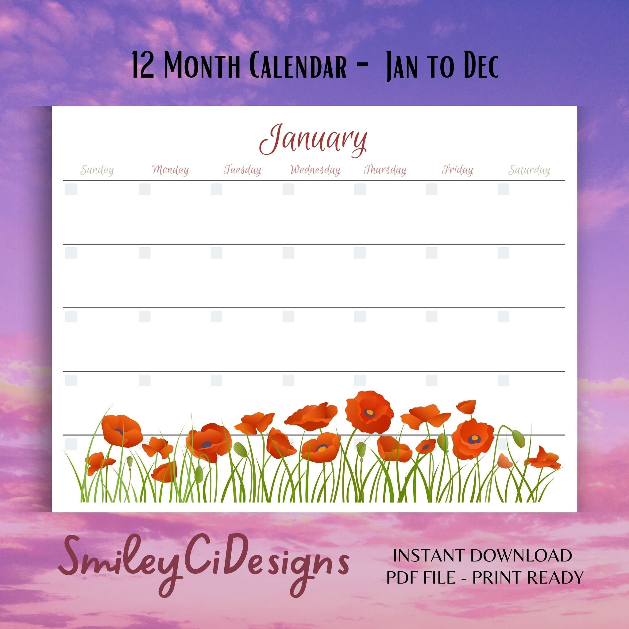 Red Poppies , Flowers , 12 Month Calendar , 2 Styles , PDF , | Inspire ...