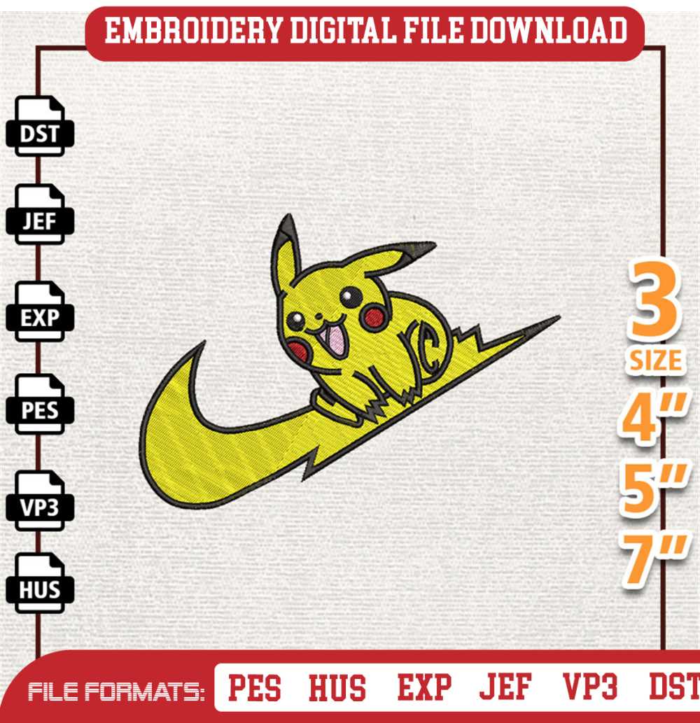 Nike Pikachu Pokemon Embroidery Design, Anime Embroidery Des | Inspire ...
