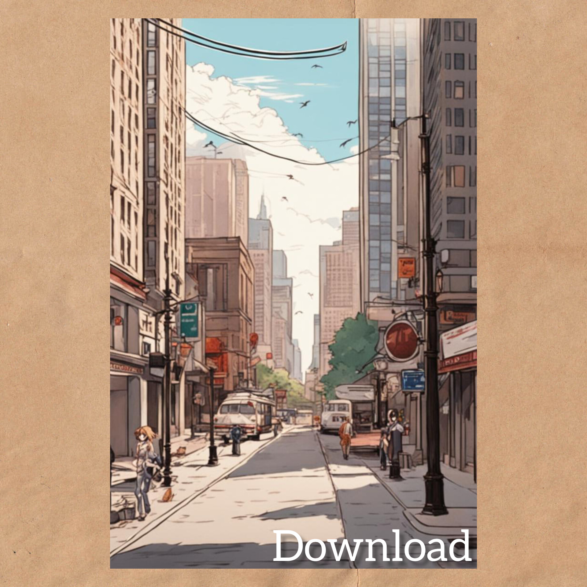 Drawing of city streets, digital postcard instant download - Inspire Uplift