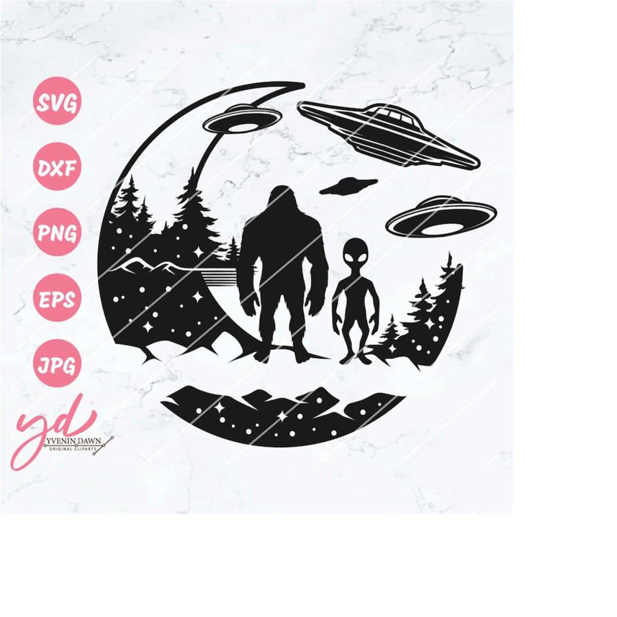 Big Foot & Alien Under the Moon Svg | Bigfoot and Alien Walk - Inspire ...