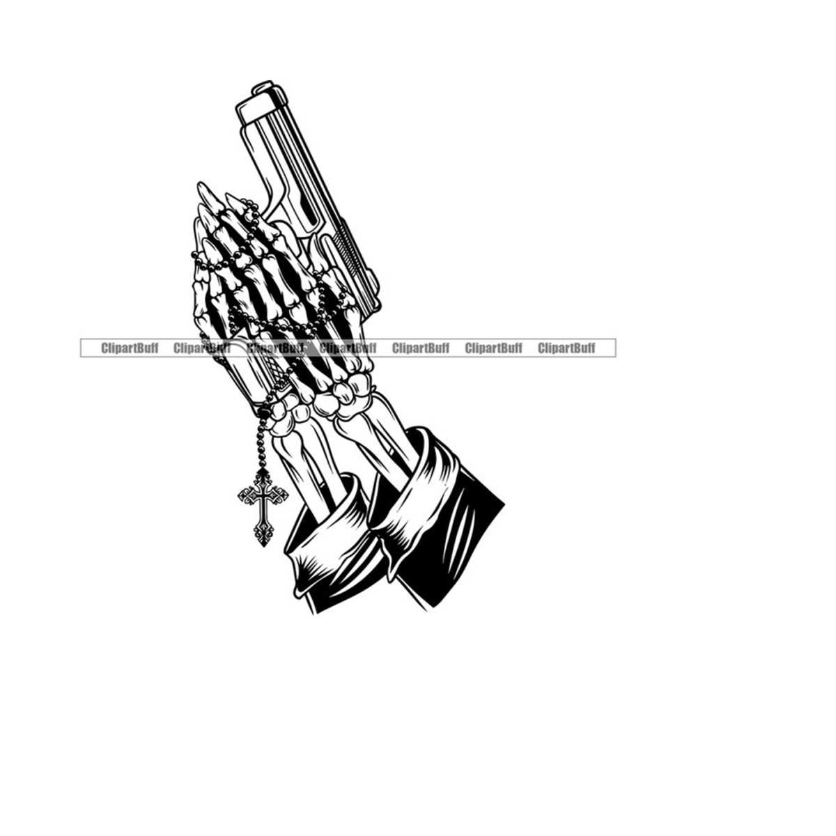 Praying Black Skeleton Hand Machine Gun Religious Rosary Bea | Inspire ...