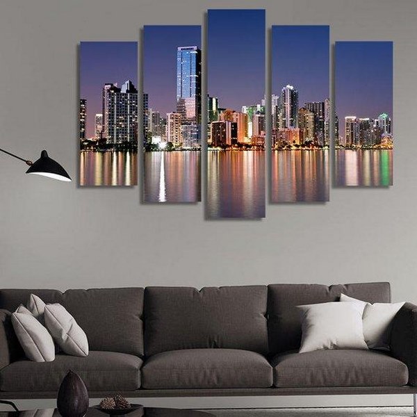 Miami Skyline At Night Nature 5 Pieces Canvas Wall Art, Larg | Inspire ...