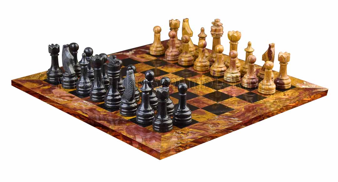 Red Onyx & Jet Black Natural Stone Chess Set With Rustic Ser | Inspire ...