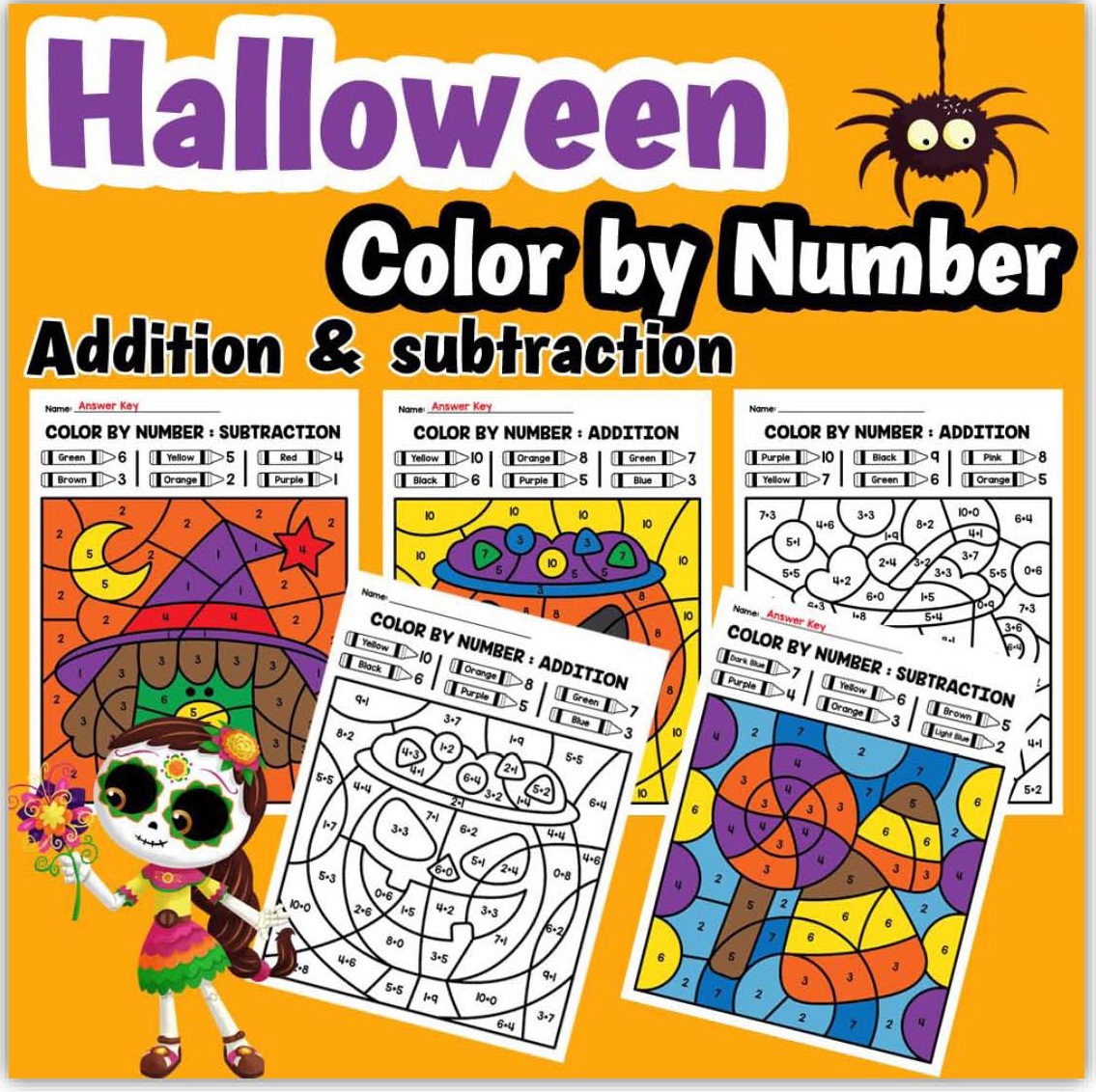 Halloween Color by Number Worksheets, Addition & subtraction | Inspire ...