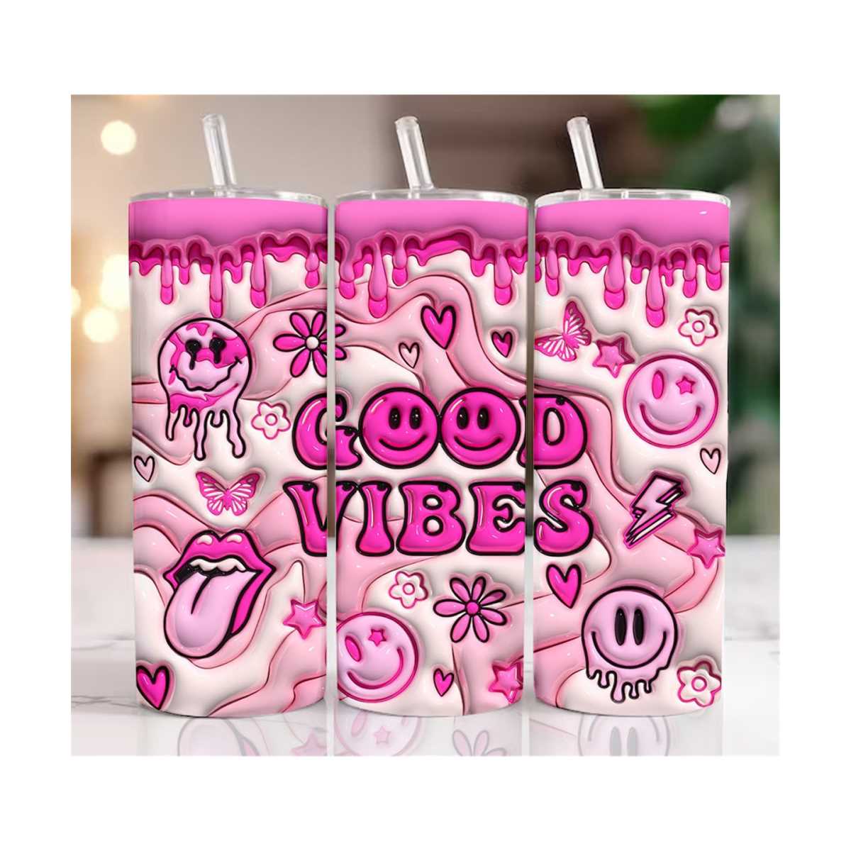 Good Vibes Inflated Tumbler Wrap, 3D Retro Floral Puff 20oz | Inspire ...