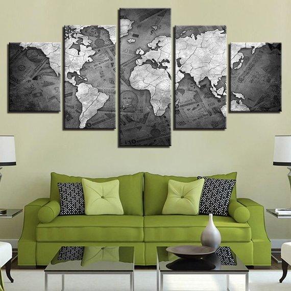 World Map Currency Money Abstract 5 Pieces Canvas Wall Art, | Inspire ...