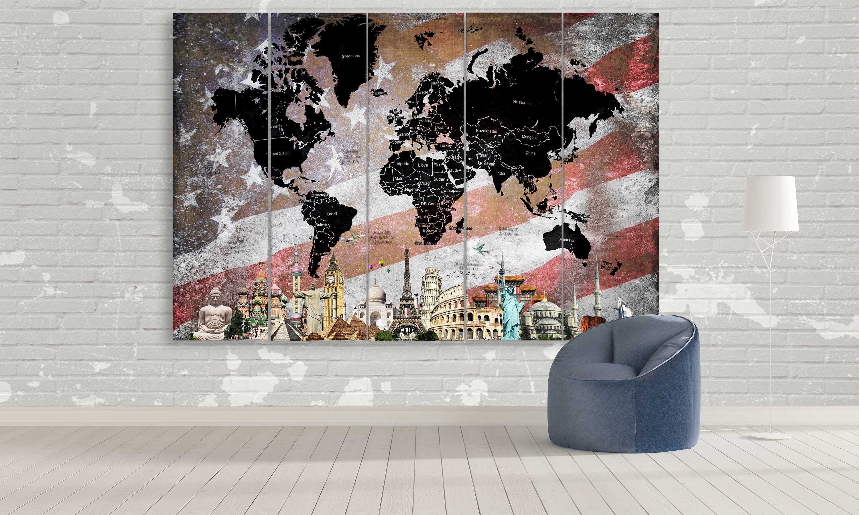 World Map Usa Flag Overlay World Map 5 Pieces Canvas Wall Ar - Inspire ...