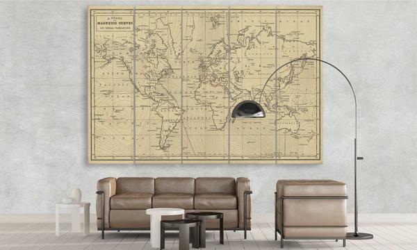 World Map With Magnetic Curves World Map 5 Pieces Canvas Wal | Inspire ...