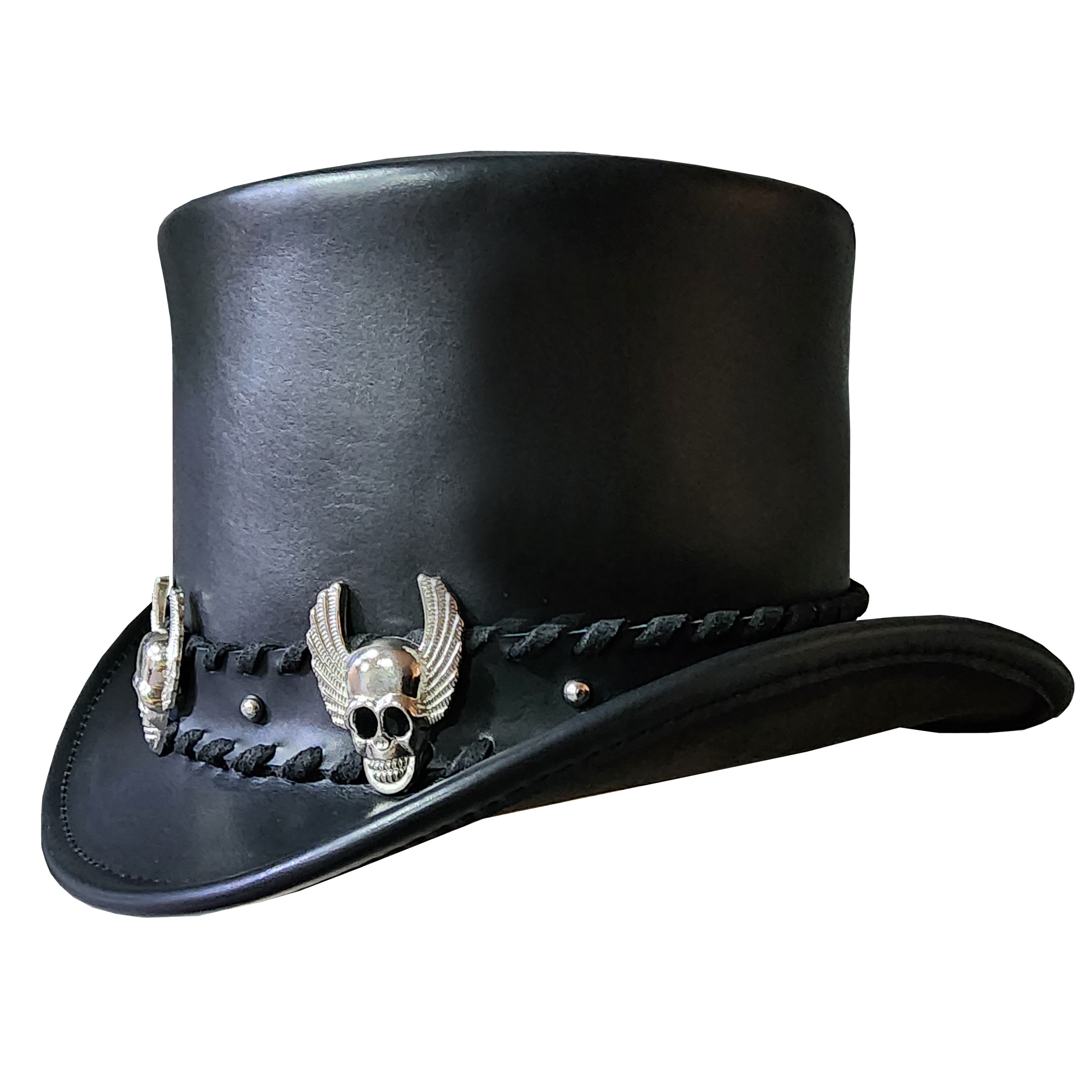 Silver Winged Skull Eldorado Black Leather Top Hat | Inspire Uplift