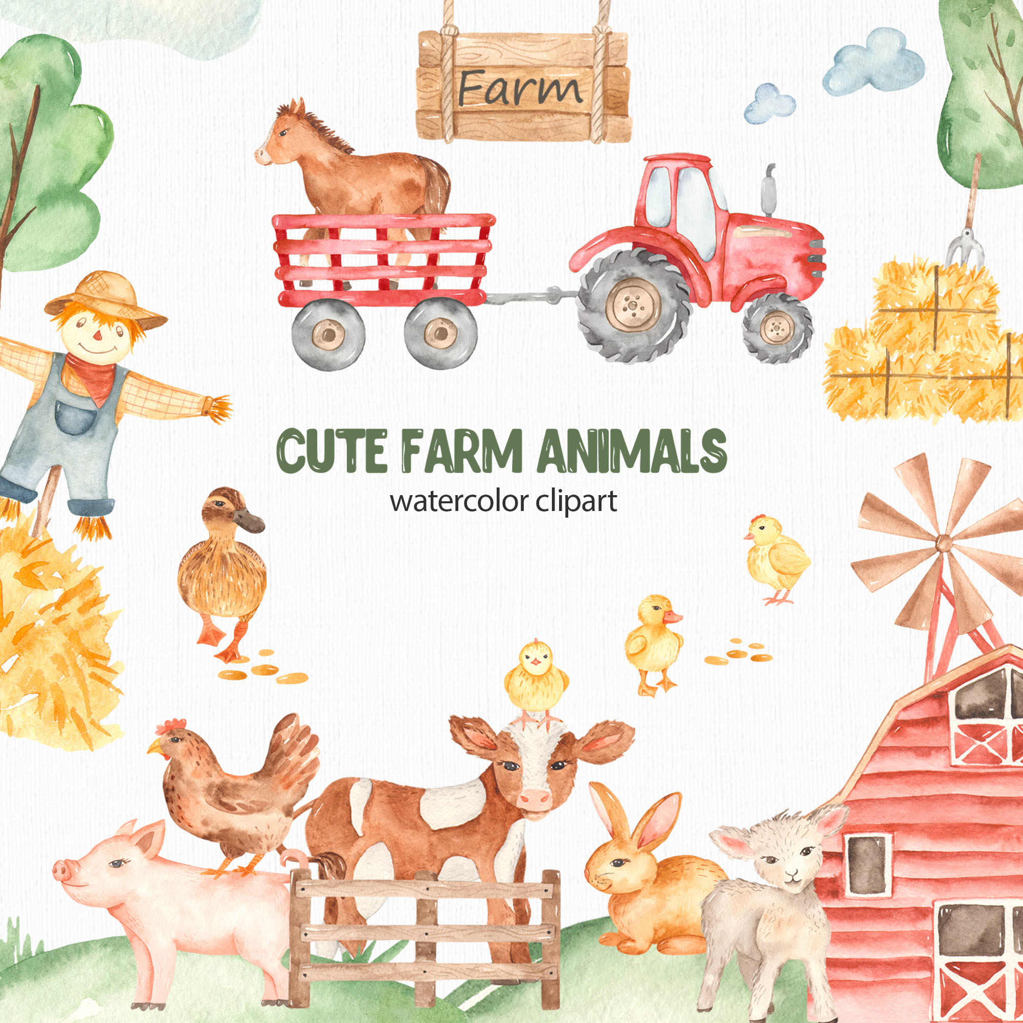 Watercolor clipart with cute farm animals, horse, duck, shee | Inspire ...