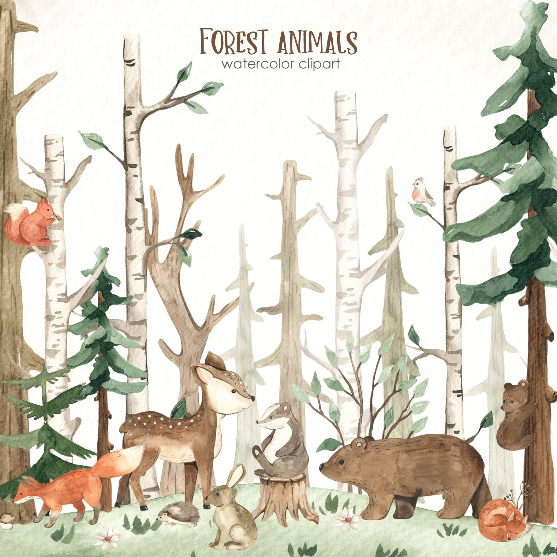 Forest animals watercolor clipart with cute cartoon baby fox | Inspire ...