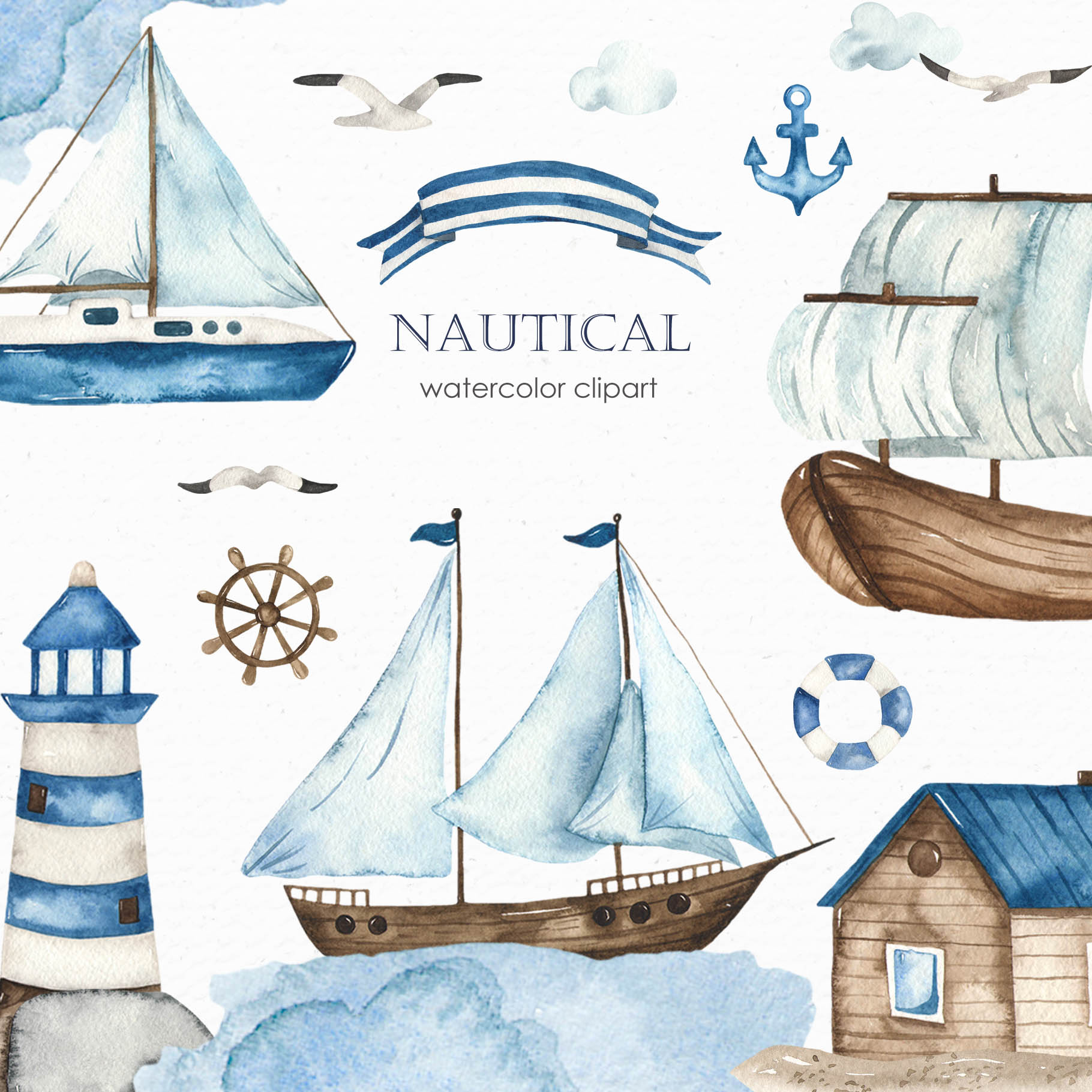 Watercolor Nautical clipart ship, yacht, houses, lighthouse, | Inspire ...