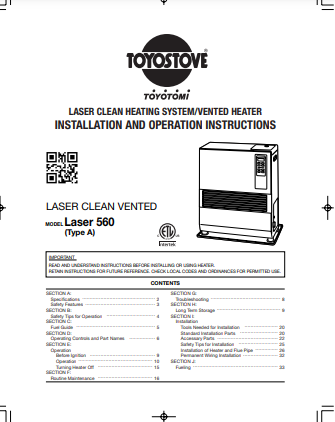 Toyotomi Toyostove Laser 560 Operation Instructions Manual P - Inspire Uplift