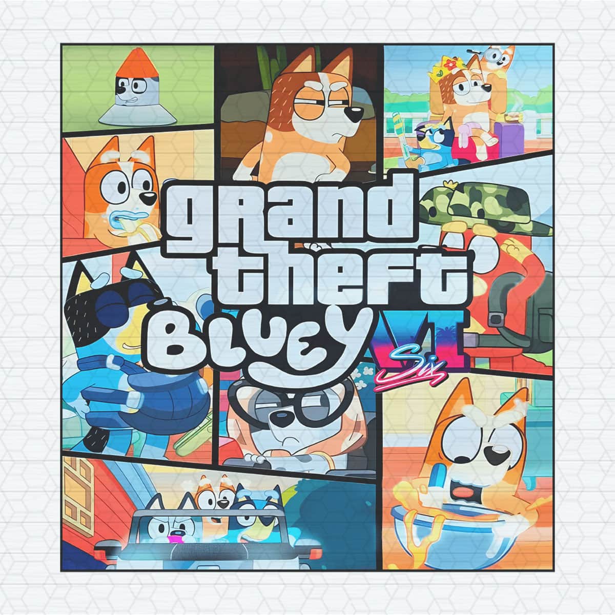 Retro Grand Theft Bluey Family Characters PNG | Inspire Uplift