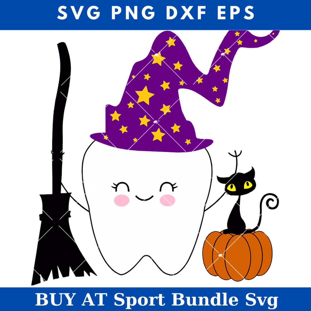 Witch Hat Tooth with Black Cat and Pumpkin Svg, Tooth Witch | Inspire ...