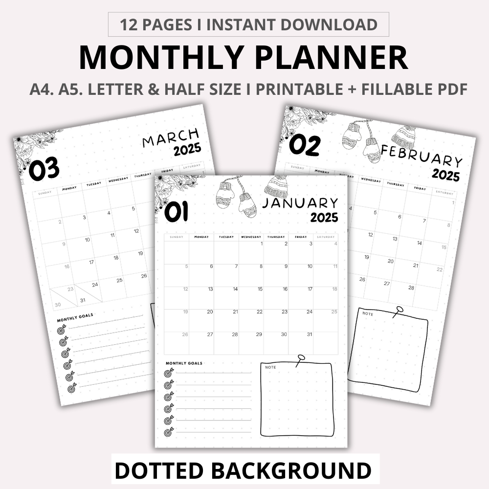 Monthly Planner 2025 Printable Calendar Template in A4, A5, | Inspire ...
