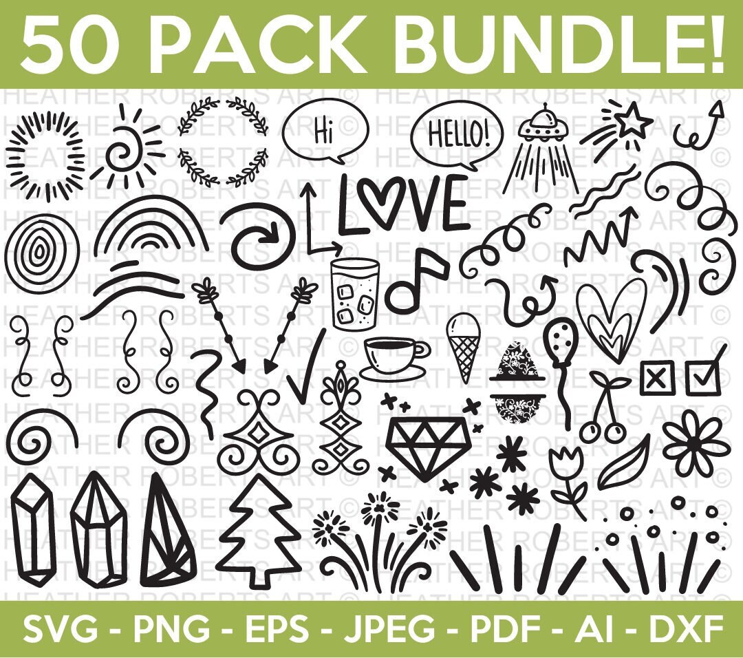 Doodle SVG Bundle, Heart SVG, Crystal Svg, Stars svg, Spiral | Inspire ...