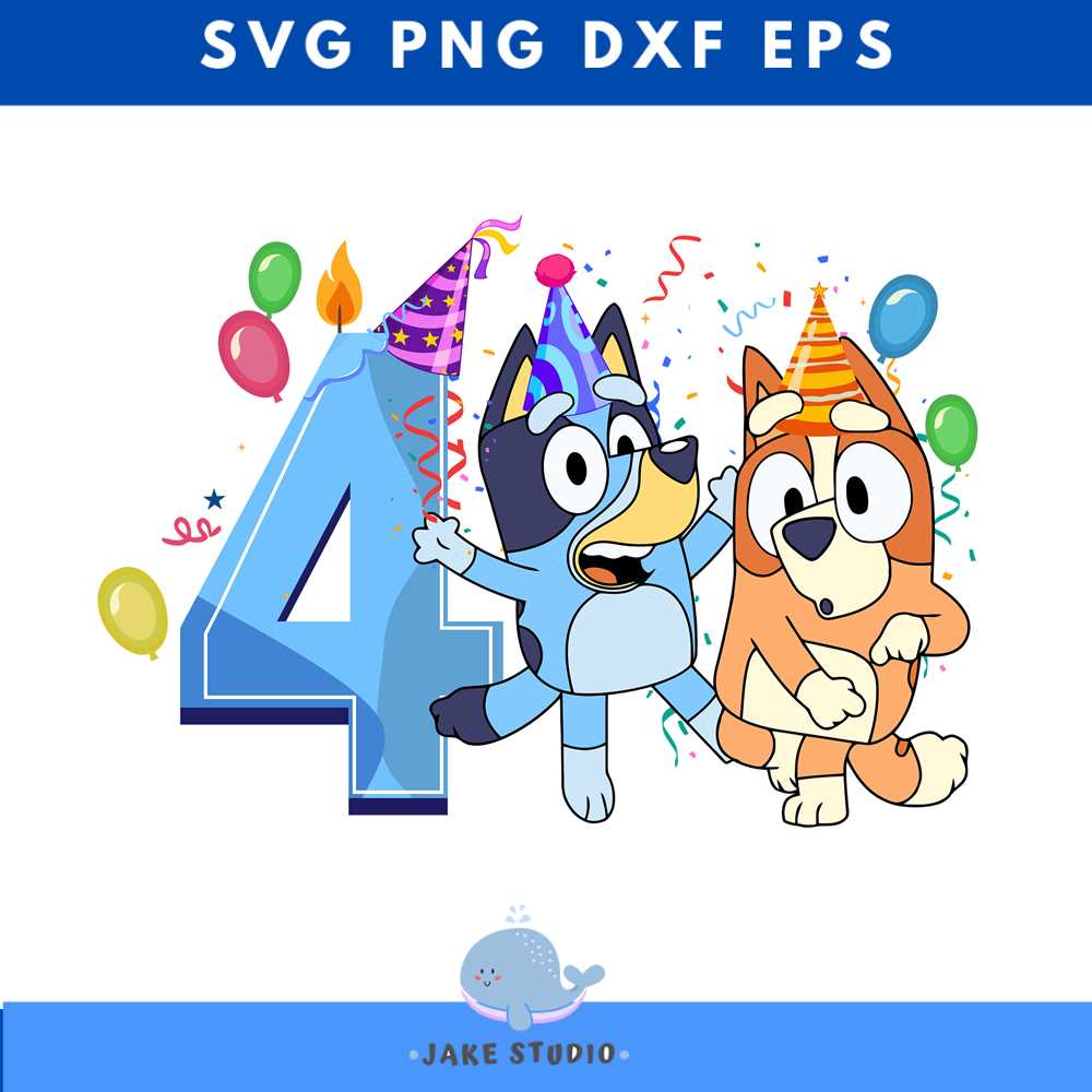 Bluey and Bingo Happy Fourth Birthday PNG | Inspire Uplift