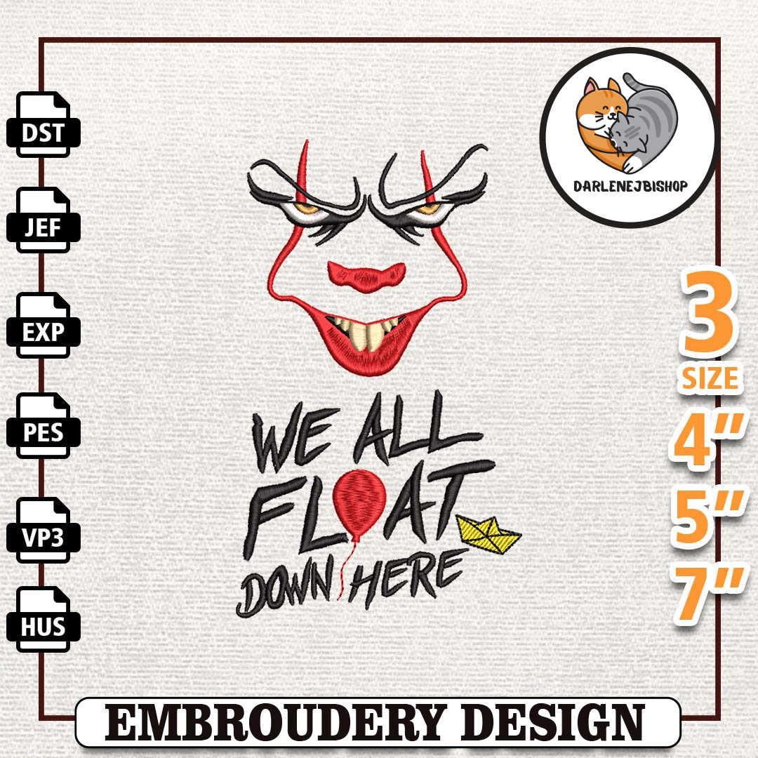 Horror Movie Clown Embroidery Design, We All Float Down Here - Inspire ...