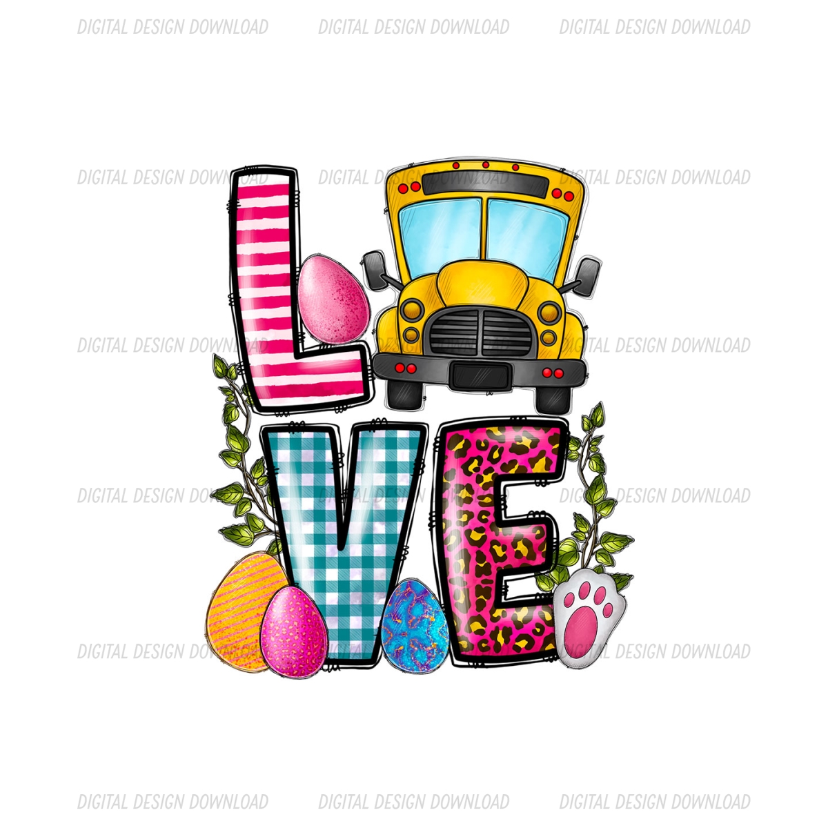 Love Easter Day Eggs School Bus Sublimation PNG - Inspire Uplift
