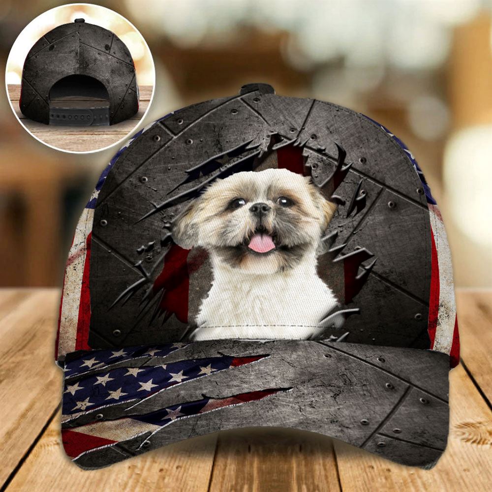 Shih Tzu On The American Flag Cap Custom Photo, Classic Base | Inspire ...